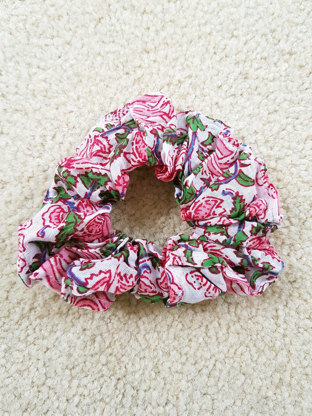 White Floral Scrunchies, Hand Block Print Indian Cotton Voile ...