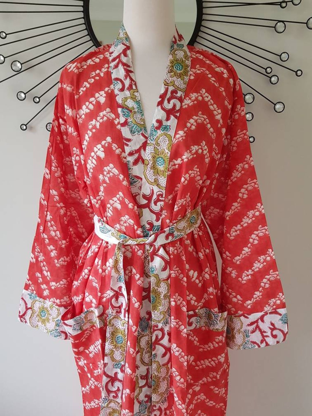 Red Cotton Kimono Robe: Hand Block Print Organic Indian Gown - Etsy
