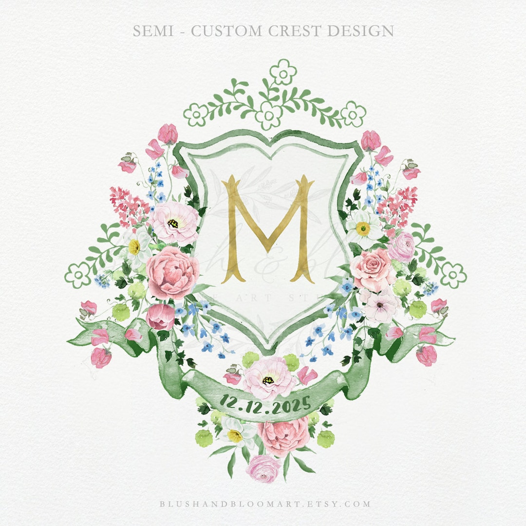 Semi-custom Green and Pink Wedding Crest Watercolor Crest, Heraldry ...