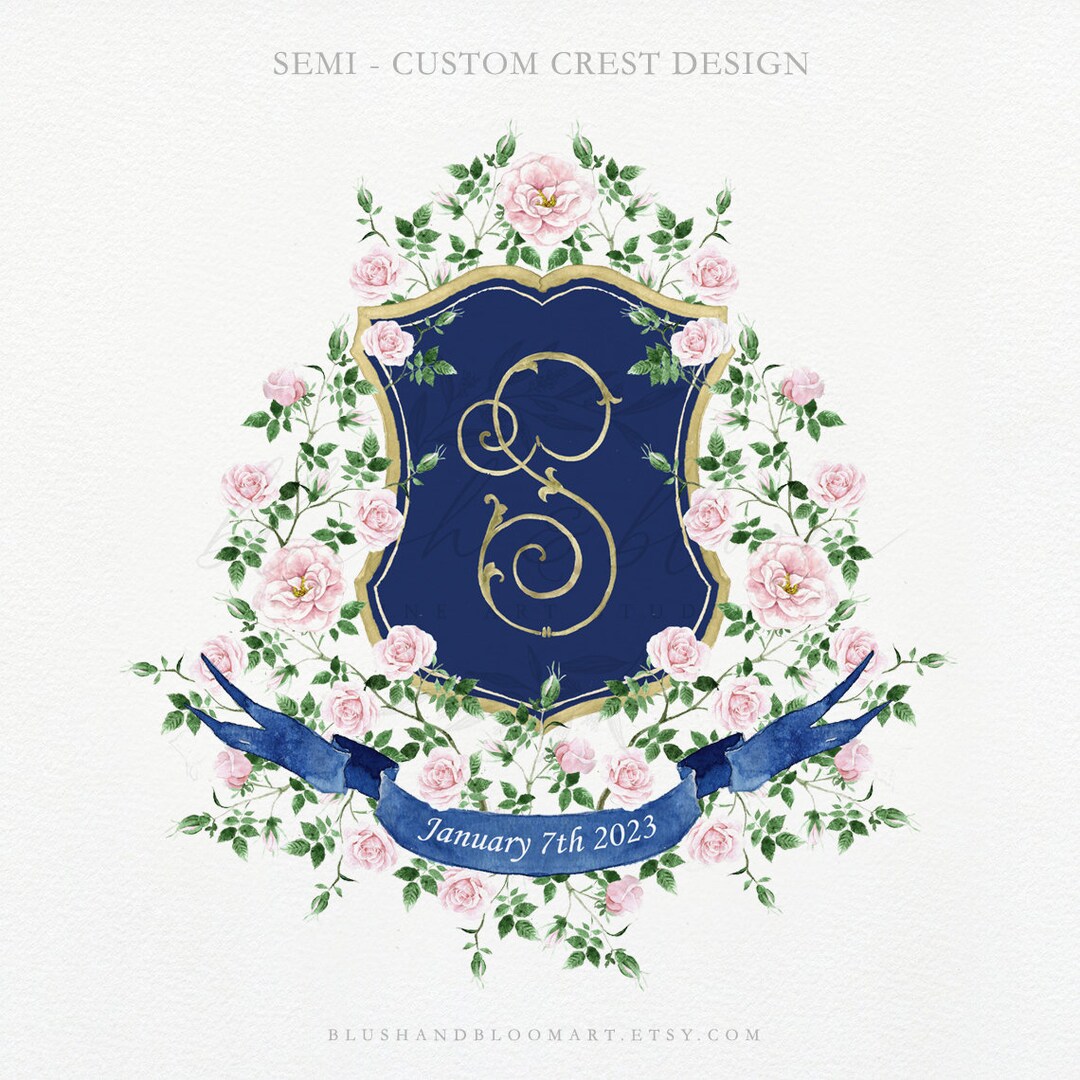 Semi-custom Navy, Pink and Gold Floral Wedding Crest Watercolor Crest ...