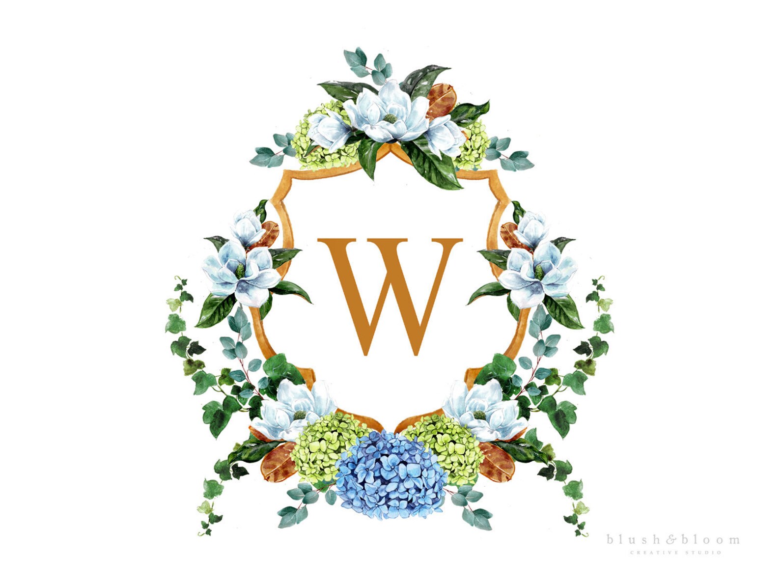Bespoke Watercolor Crest Blue Flowers Heraldry Modern - Etsy