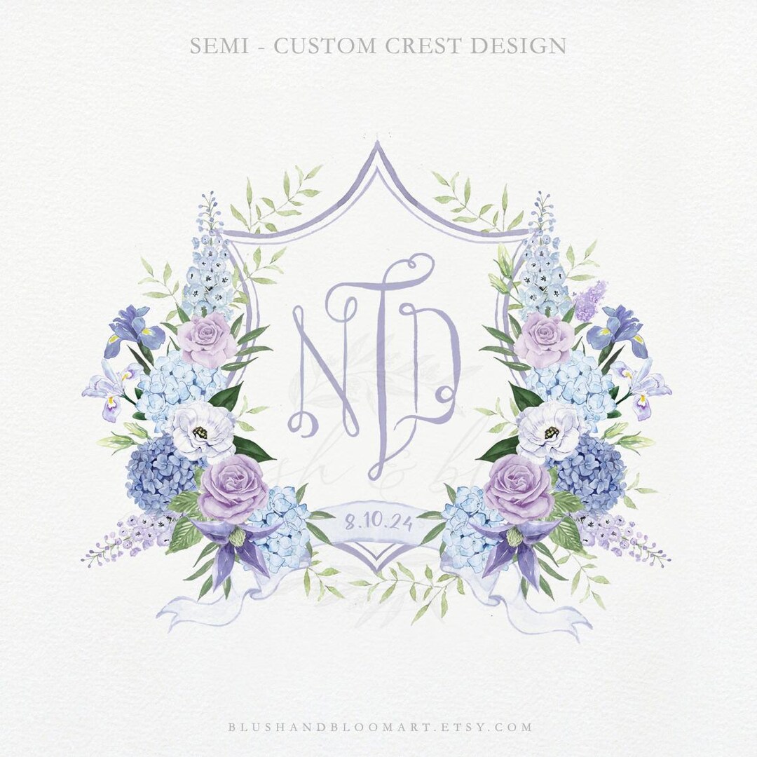 Semi-custom Blue and Purple Wedding Crest Watercolor Crest, Heraldry ...