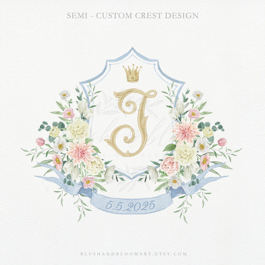 Semi-custom Dusty Blue Wedding Crest Watercolor Crest, Heraldry, Pastel ...