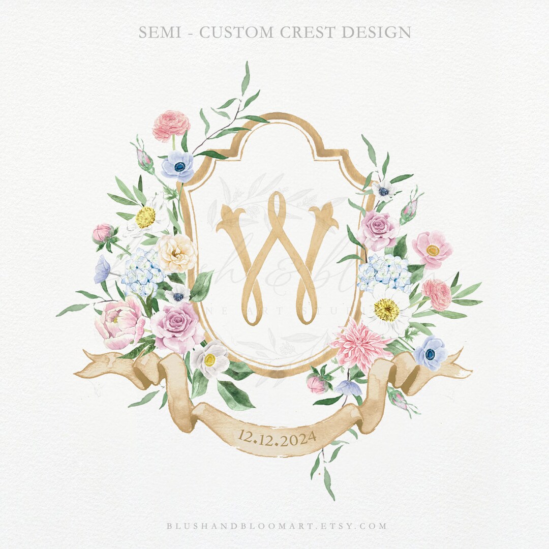 Semi-custom Gold and Floral Wedding Crest Watercolor Crest, Heraldry ...
