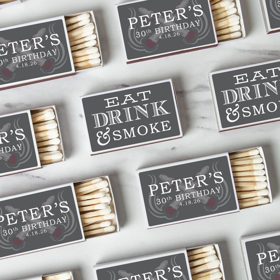BULK SET OF 50 Personalized Cigar Bar Theme Matches - Matchbox Favors ...