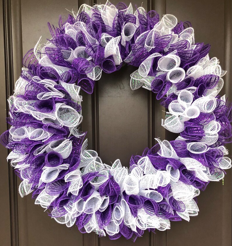 Spring Wreath, Deco Mesh Wreath, Mesh Wreath, Purple and White Wreath ...