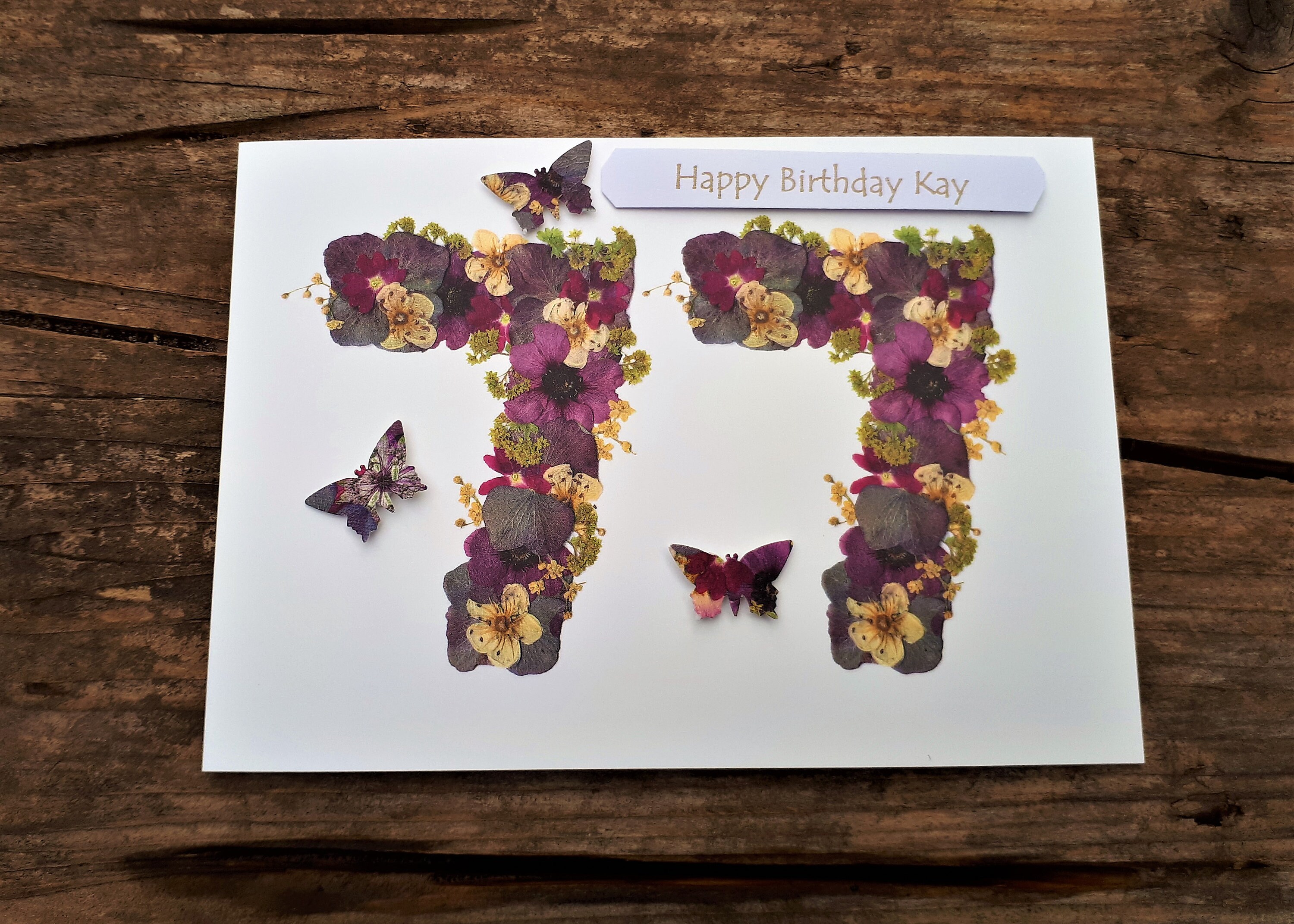 Flora Graphics — Personalised 77th Birthday Card, Pressed Flower PRINT