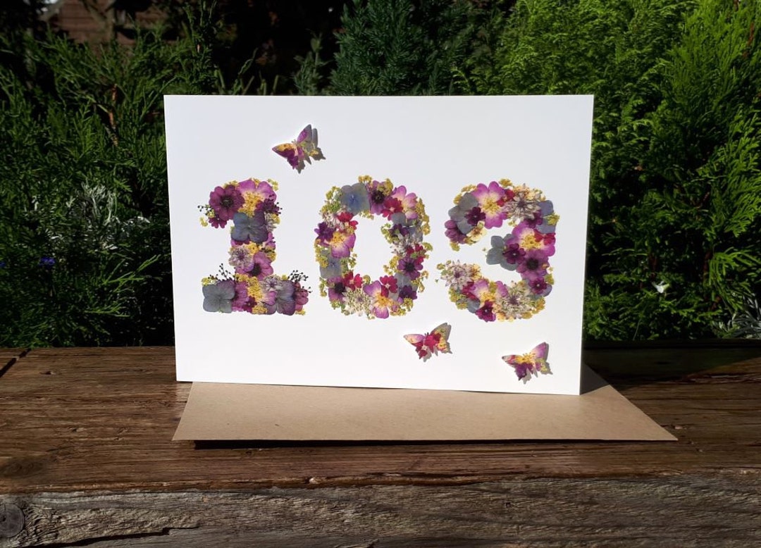 103rd Birthday Card, Personalised Pressed Flower PRINT, Floral 103 ...