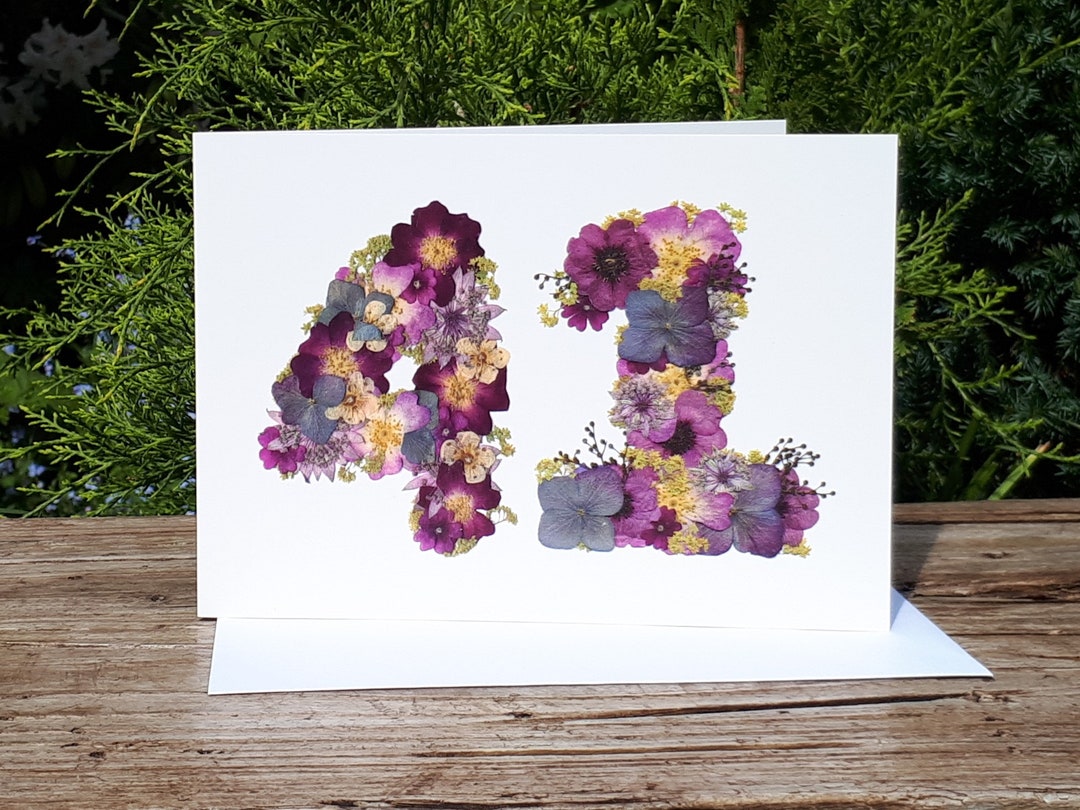 Personalised Number 41 Card, Pressed Flower PRINT - Etsy UK