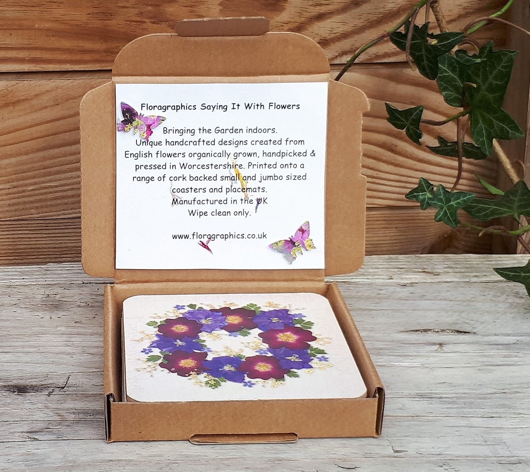 Set of 2 Coasters, Red Rose and Forget-me-not Coasters, Pressed Flower ...