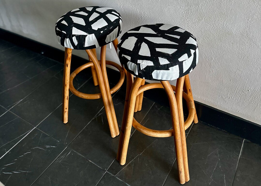 Vintage Bamboo Stools With Abstract Design Fabric - Etsy