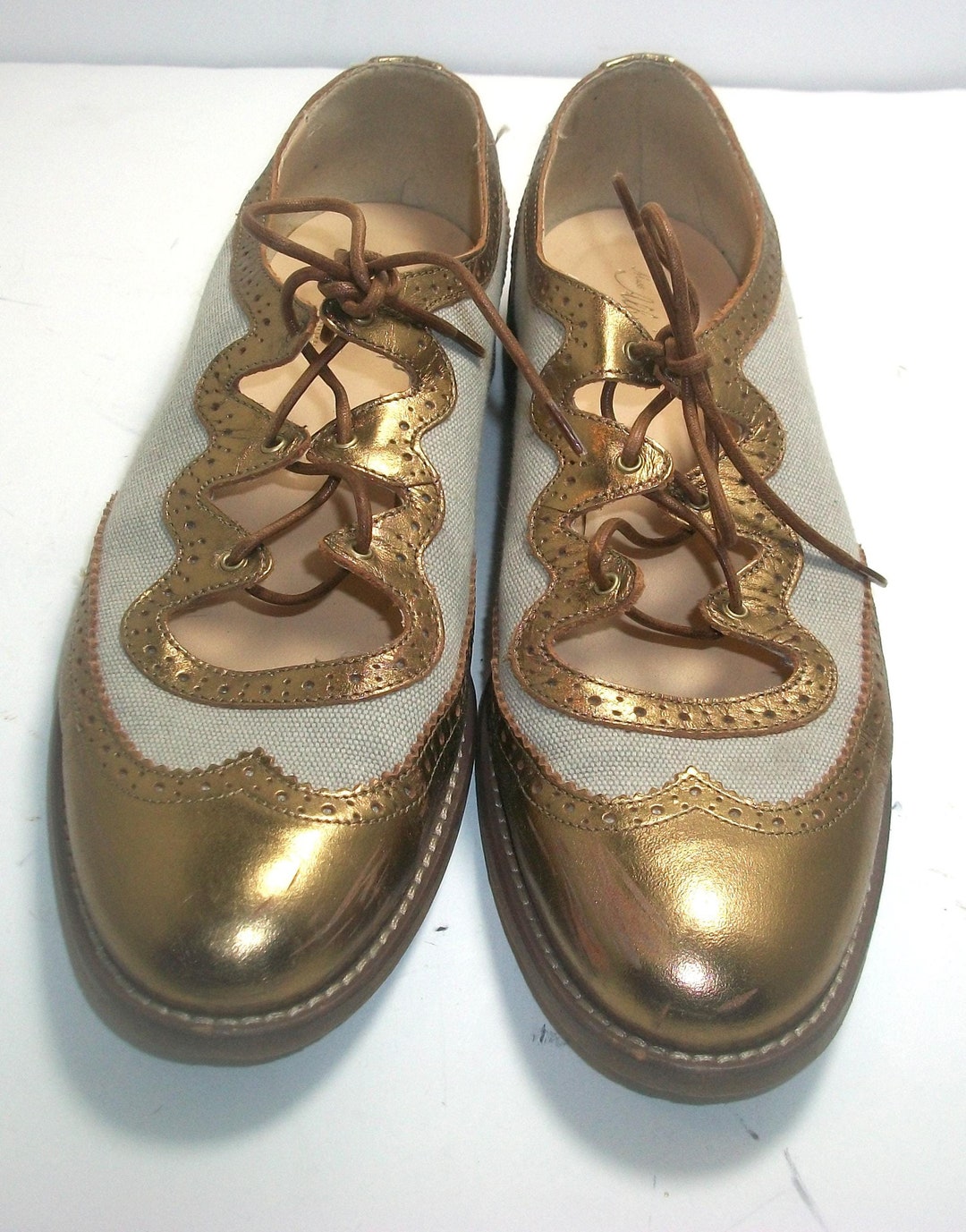 Vintage Miss Albright Gold-leather & Beige-linen Funky Chic Lace-up ...