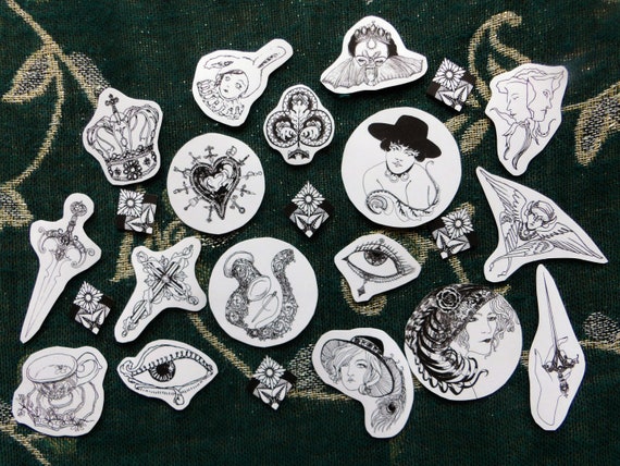 Monochrome Stickers 25 pcs Handmade Designs Black and | Etsy