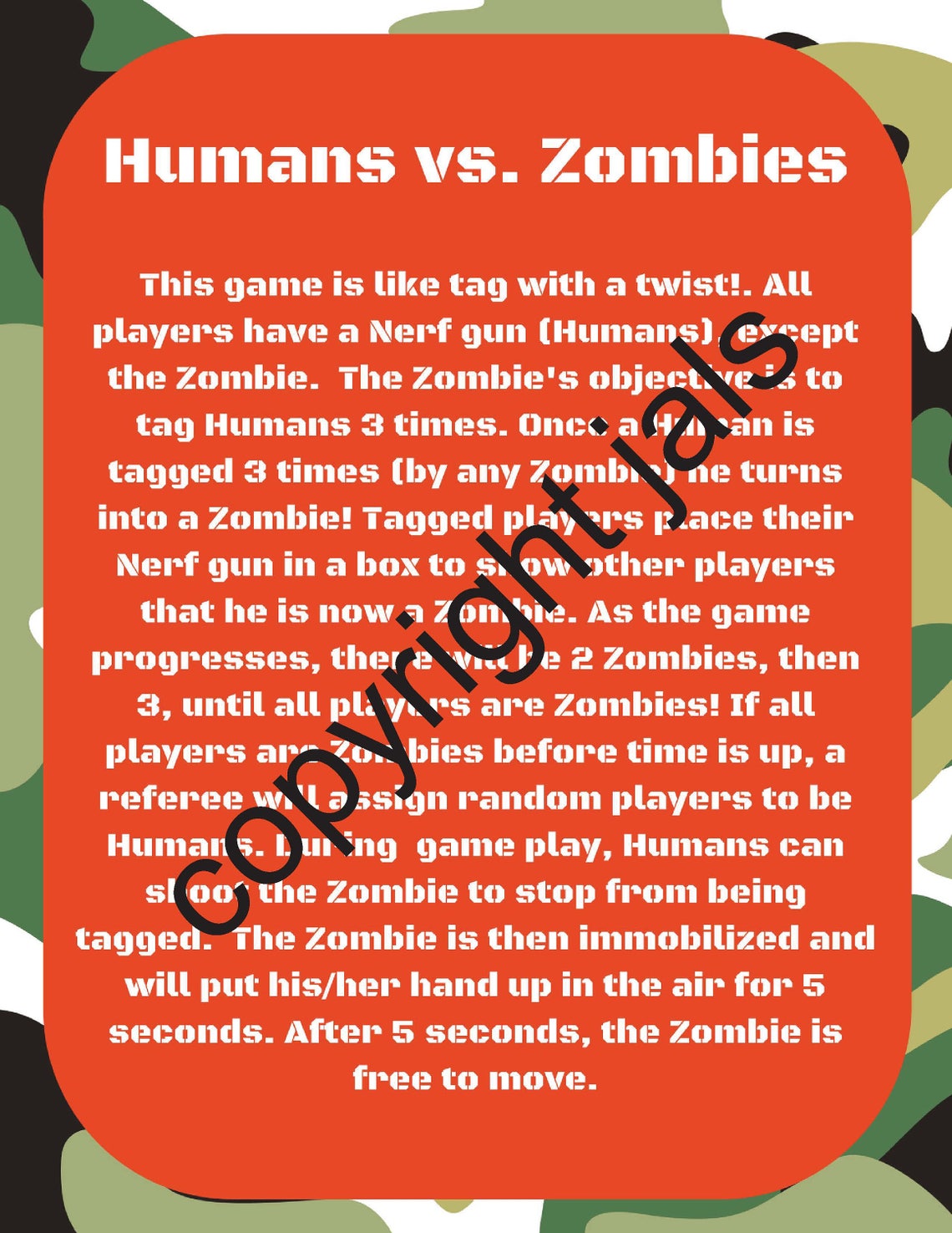 Humans Vs Zombies, Game Rules Printout, Party Game, Nerf Wars Party ...