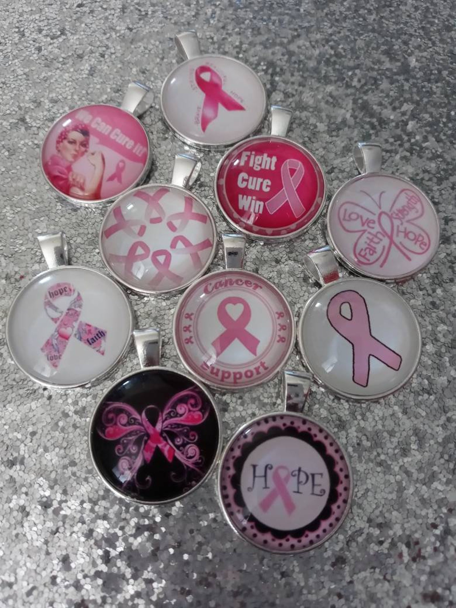 10 Piece Pink Breast Cancer Awareness 25mm Round Pendant | Etsy