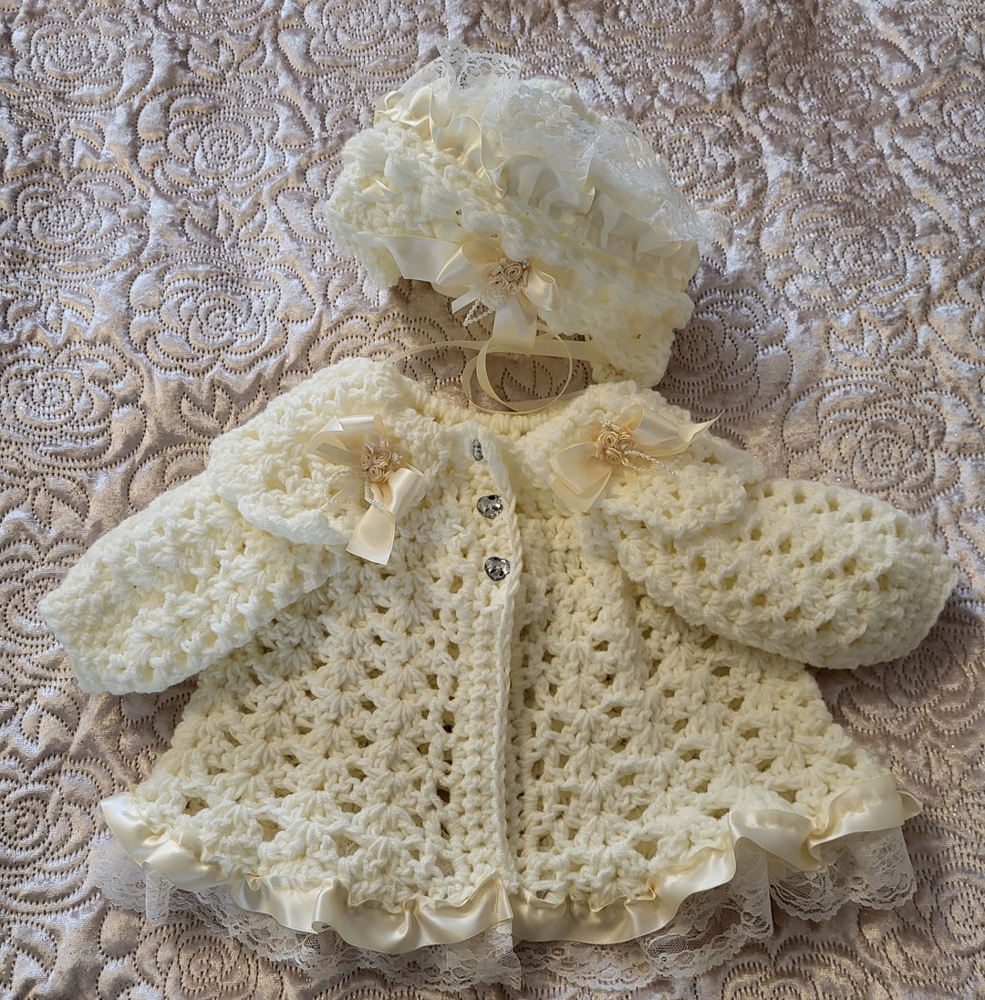 Baby Cardigan Bonnet Cream With Lace and Ribbon Trim Crochet - Etsy