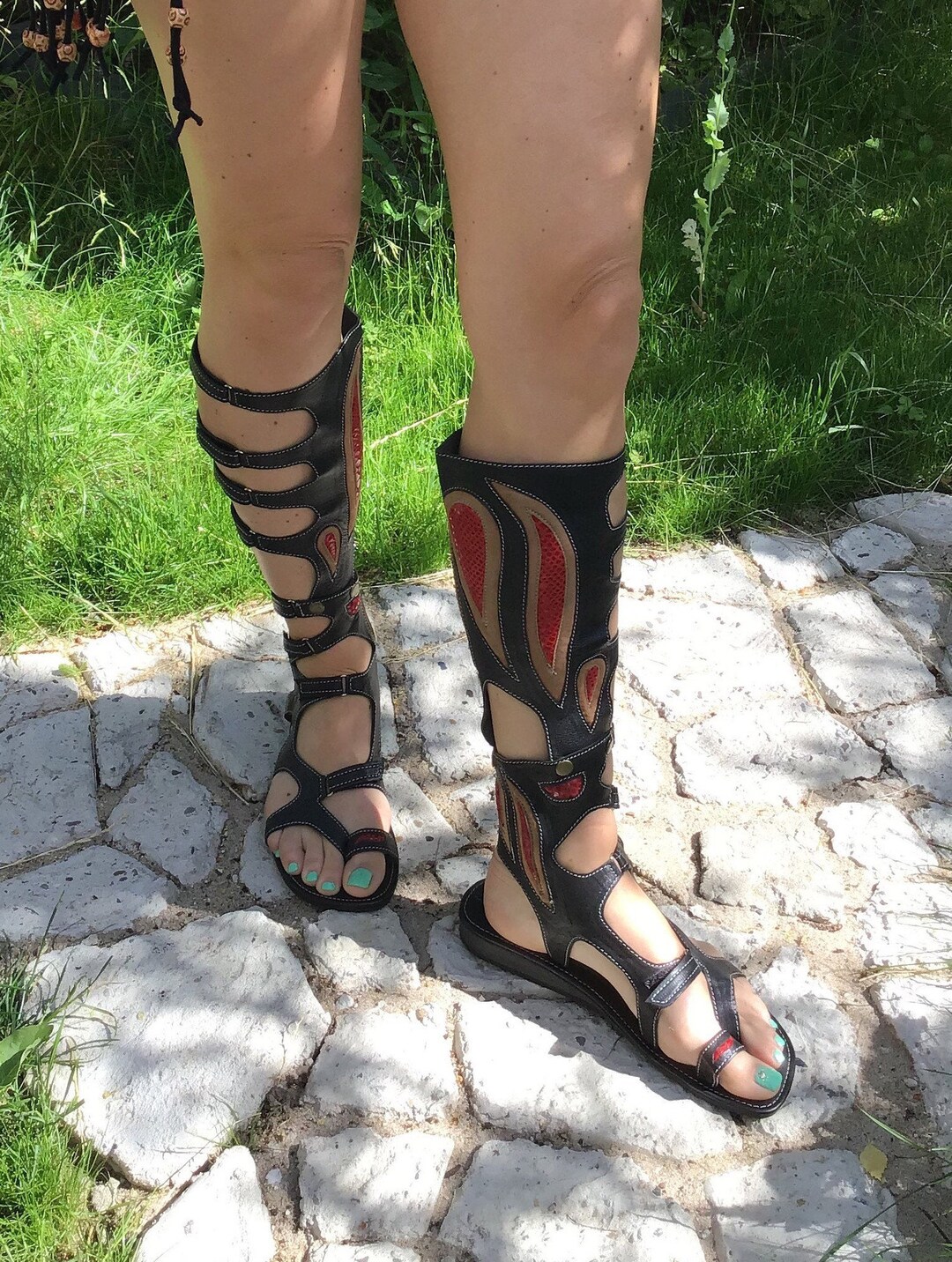 Gladiator Extendable Strappy Sandals,black and Red Snakeprinted Leather ...