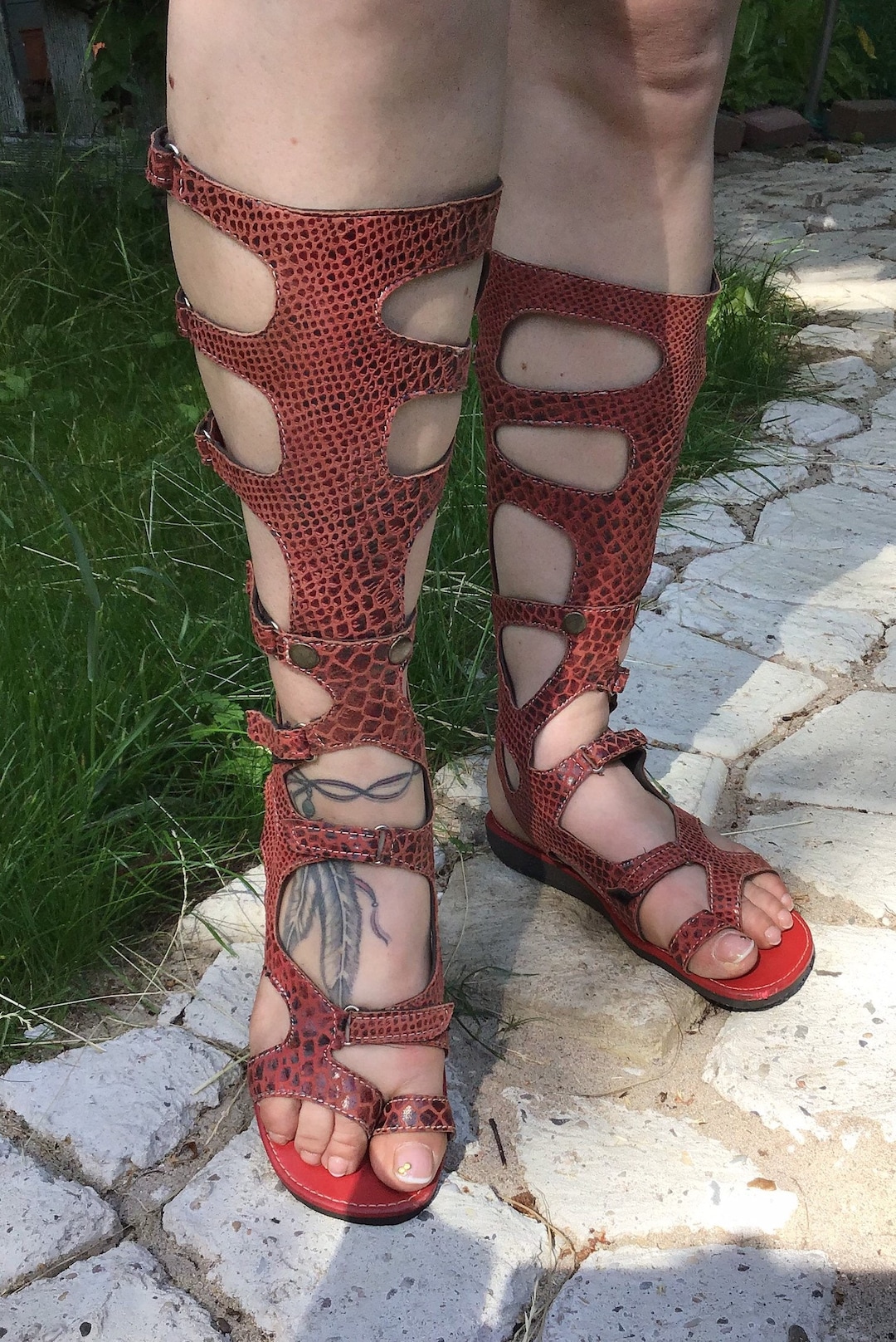 Strappy Extendable Gladiator Sandals Red Reptile-printed Leather Size ...