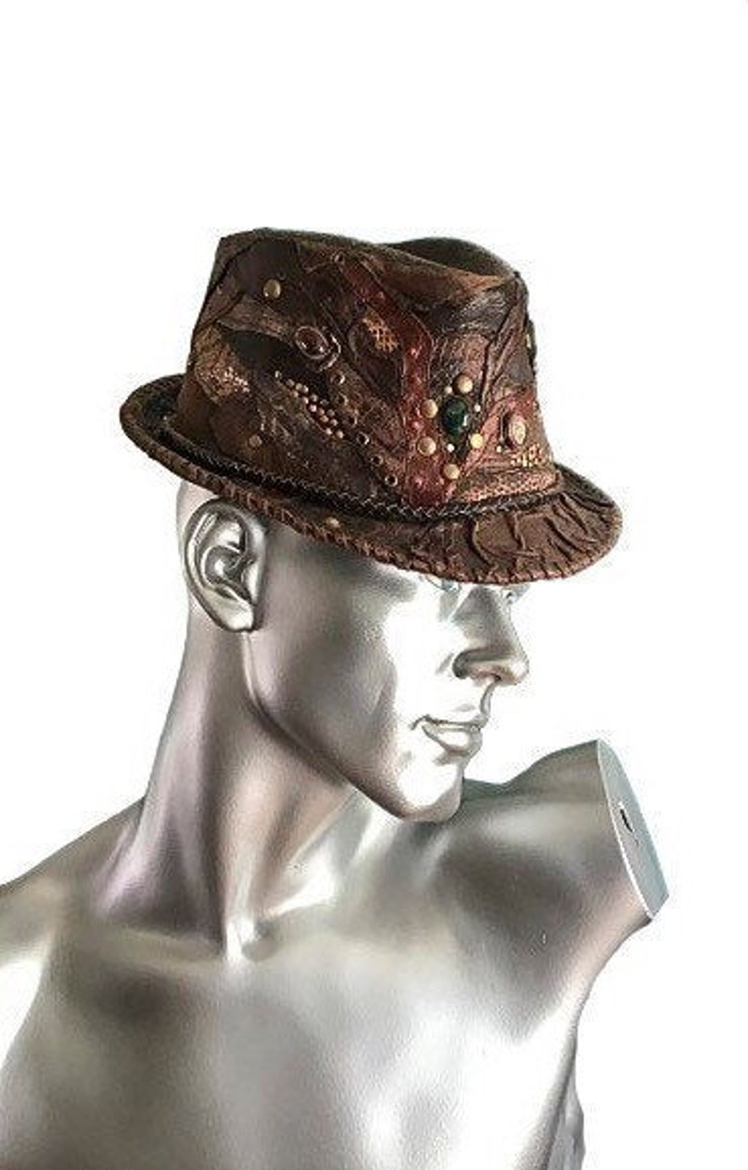 Leather Hat Fedora Jungle Print Hat With Embedded Gemstones Hippie ...