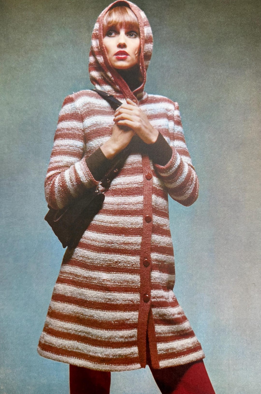 Vintage Knitting Pattern the Inside-out Coat Two-colour Striped Hooded ...