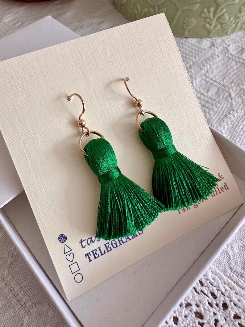 Forest Green • Handmade Tassel Earrings. 14K Gold Filled Dangles ...