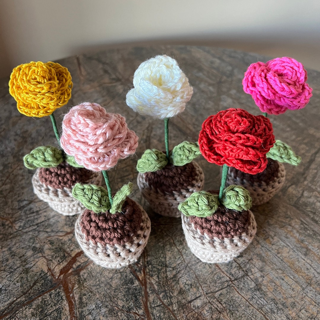 Mini Crocheted Rose & Pot, Crochet Tea Rose, Rose and Vase, Home Decor ...