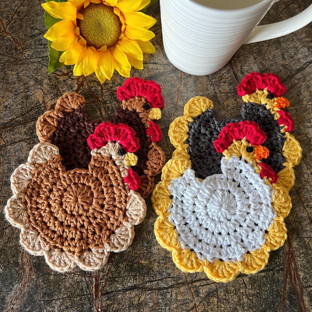 Chicken Coasters Sets of 2 or 4, Crocheted Chicken Coasters, Gift, Farm ...
