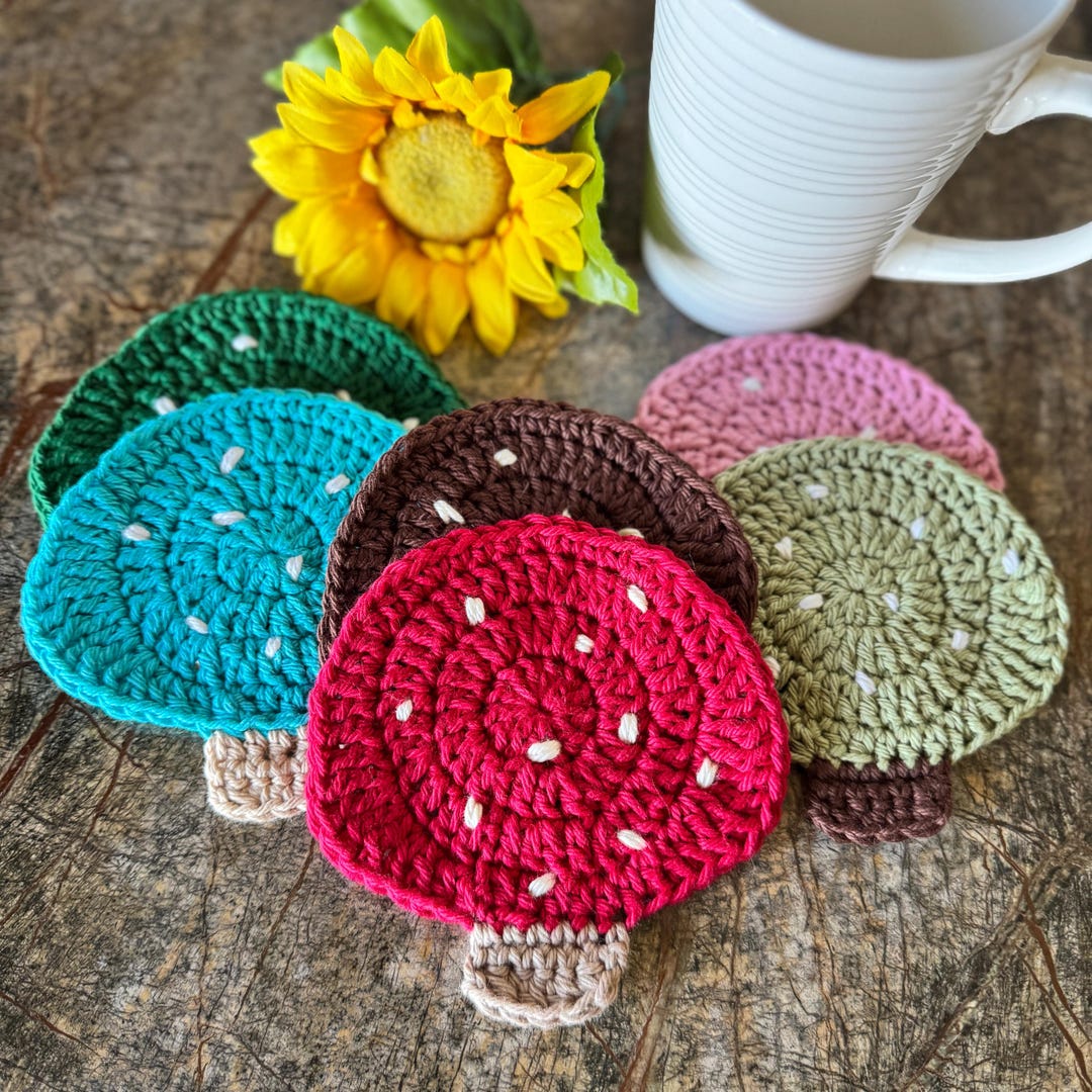 Crocheted Mushroom Coaster Set of 2, Toadstool Coaster, Cotton Coasters ...