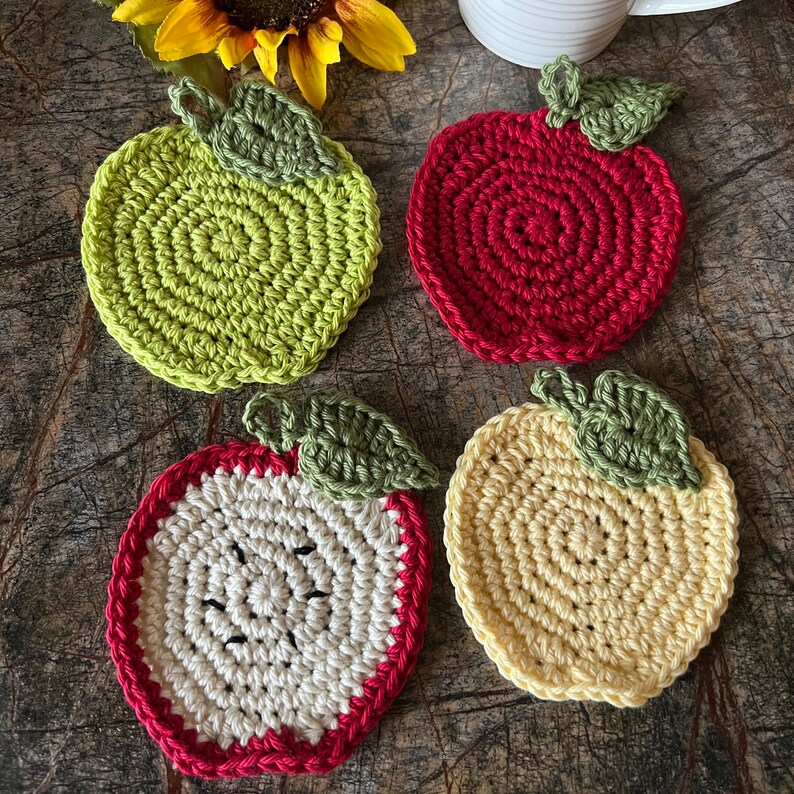 Crochet Apple Coasters Set, Teacher Gift, Fruit Decor - Etsy