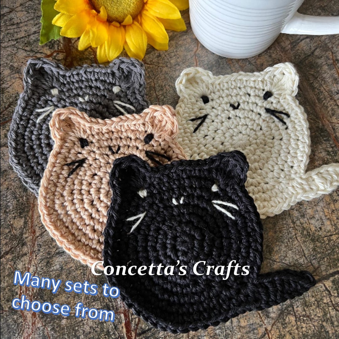 Fat Cat Coaster Set of 4, Chubby Cats, Coaster Mix, Crochet Cats, Gift ...