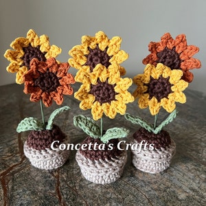 Mini Double Sunflower & Pot, Crochet Amigurumi Sunflower, Crocheted ...