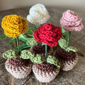 Mini Crocheted Rose & Pot, Crochet Tea Rose, Rose and Vase, Home Decor ...