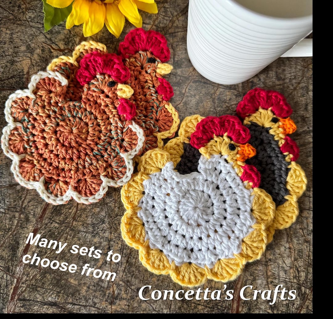 Chicken Coasters Sets of 2 or 4, Crocheted Chicken Coasters, Gift, Farm ...
