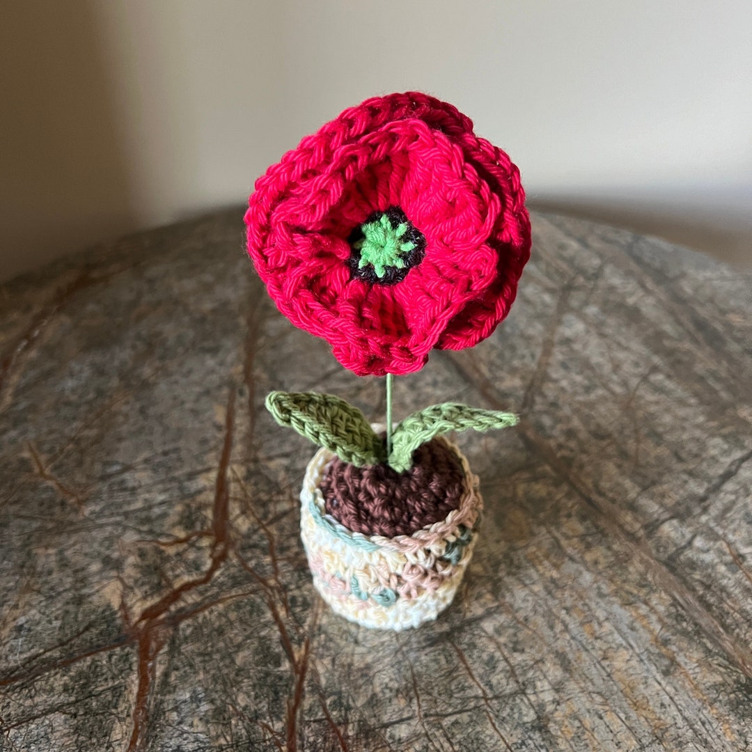 Mini Poppy in a Pot, Crochet Poppy, Crocheted Poppy and Vase, Crochet ...