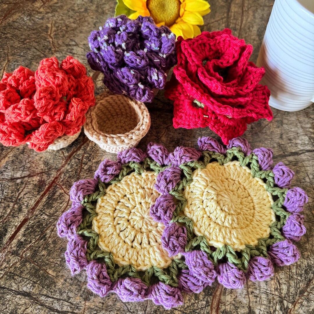 Crocheted Flower Coaster Set: Cotton Plant Pot Display - Etsy