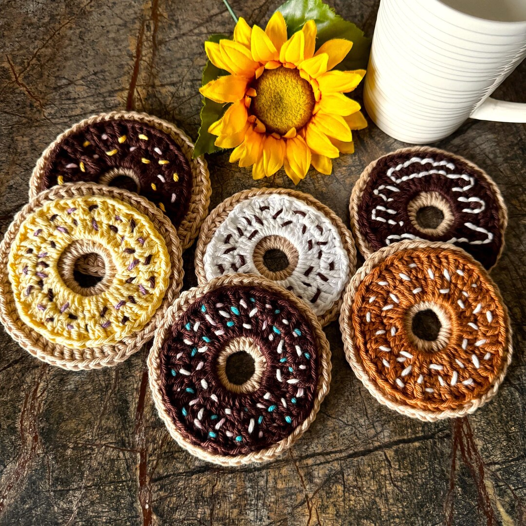 Crochet Donut Coasters Set of 2, Frosted Doughnuts, Crocheted Coasters ...