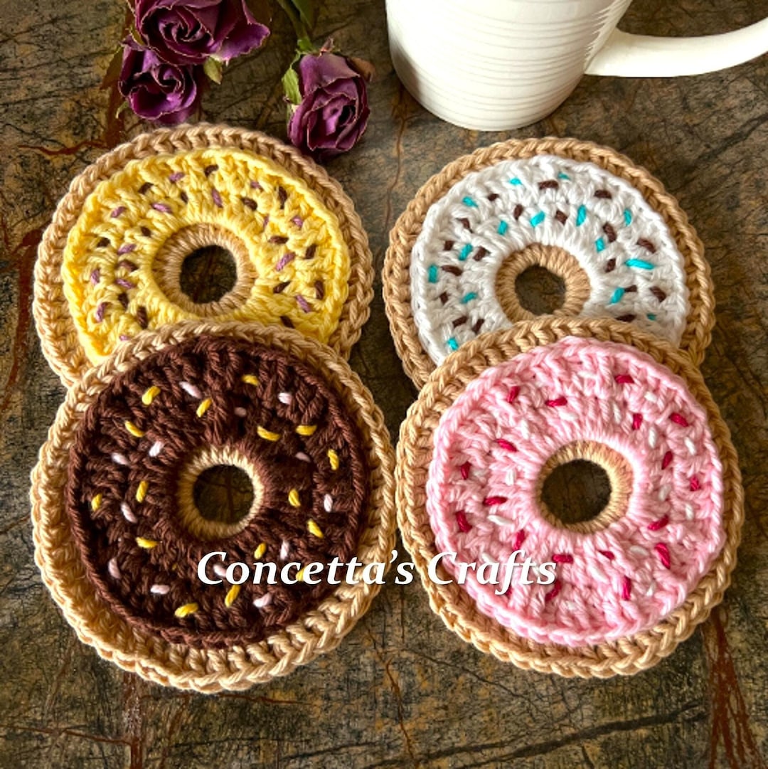 Crochet Donut Coasters Set of 2, Frosted Doughnuts, Crocheted Coasters ...