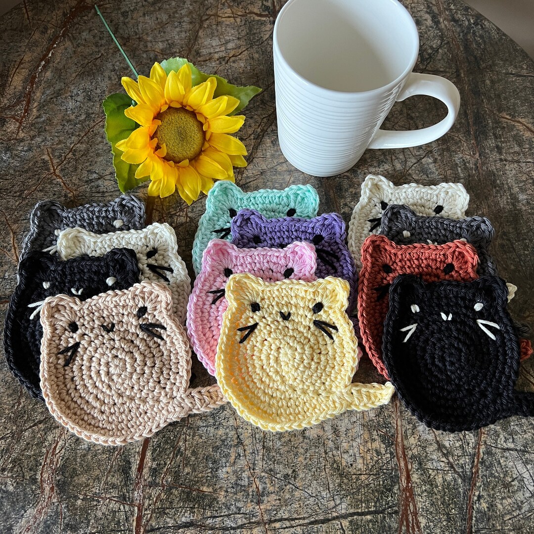 Fat Cat Coaster Set of 4, Chubby Cats, Coaster Mix, Crochet Cats, Gift ...