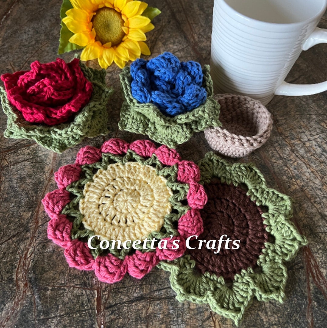 Flower and Leaves Coaster Set of 2 in Pot, Crochet Flower Pot Coaster ...
