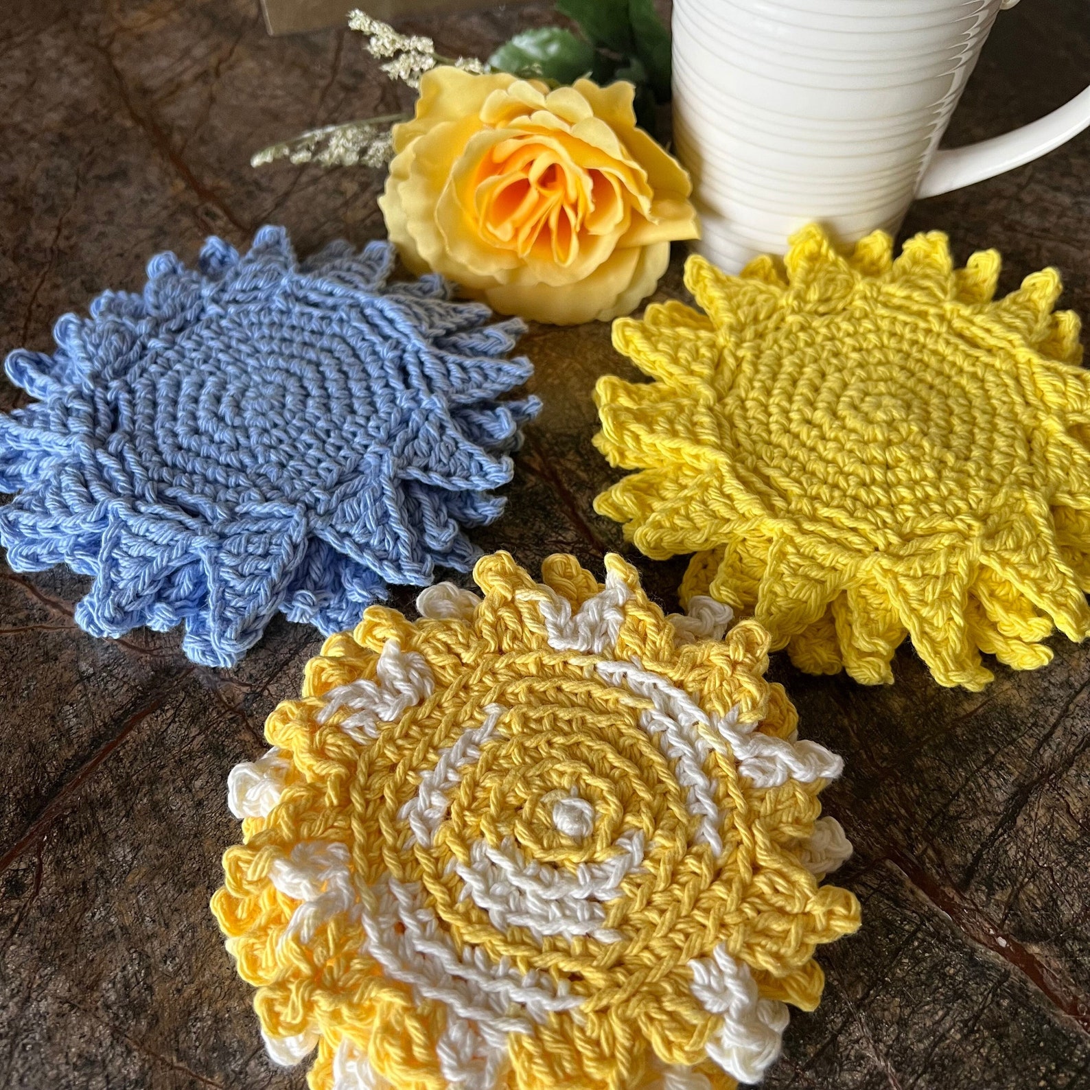 Crocheted Sun Coaster Set: Cotton Celestial Coasters, Set of 4 - Etsy
