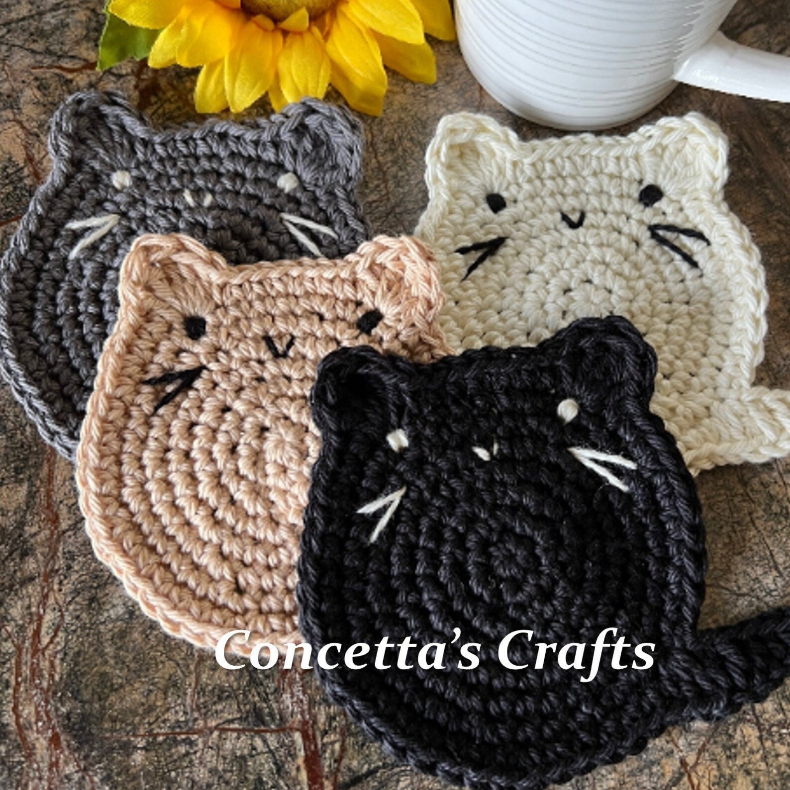 Fat Cat Coaster Set of 4, Chubby Cats, Coaster Mix, Crochet Cats, Gift ...