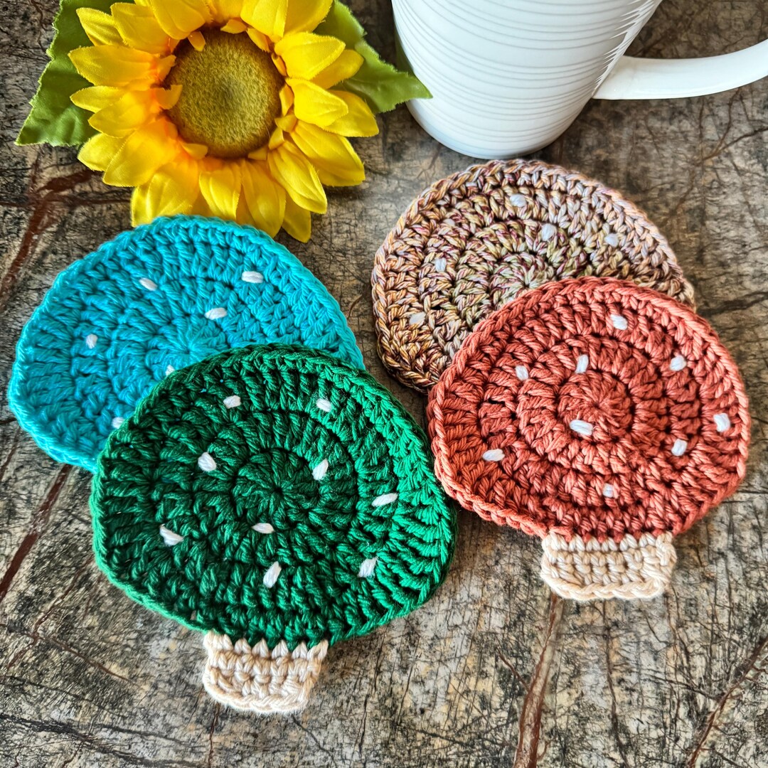 Crocheted Mushroom Coaster Set of 2, Toadstool Coaster, Cotton Coasters ...
