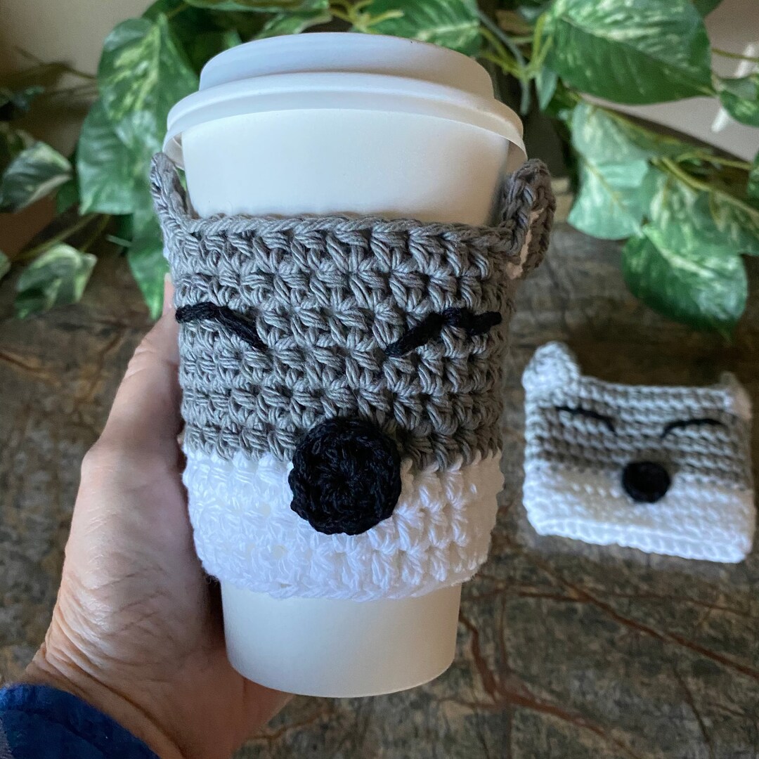 Wolf Cup Cozy, Silver Fox Cup Cozy, Wolf Cozy, Crochet Cup Sleeve ...