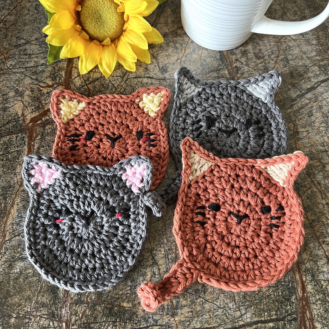 Crocheted Cat Coaster Set of 2, Crocheted Cat Coasters, Crochet ...