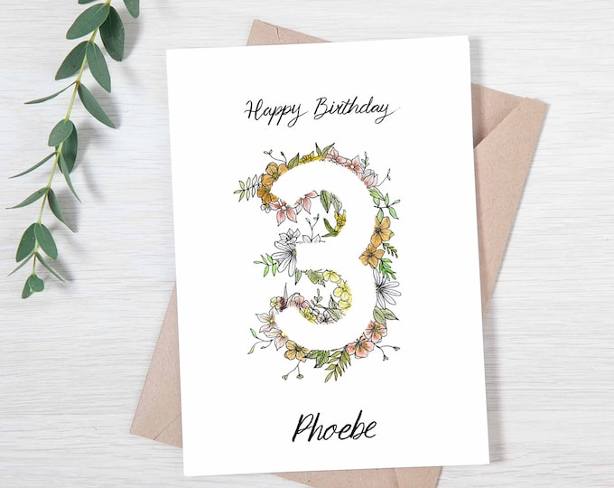 3rd Birthday Card | Personalised 3rd Birthday Card | Flower Birthday ...