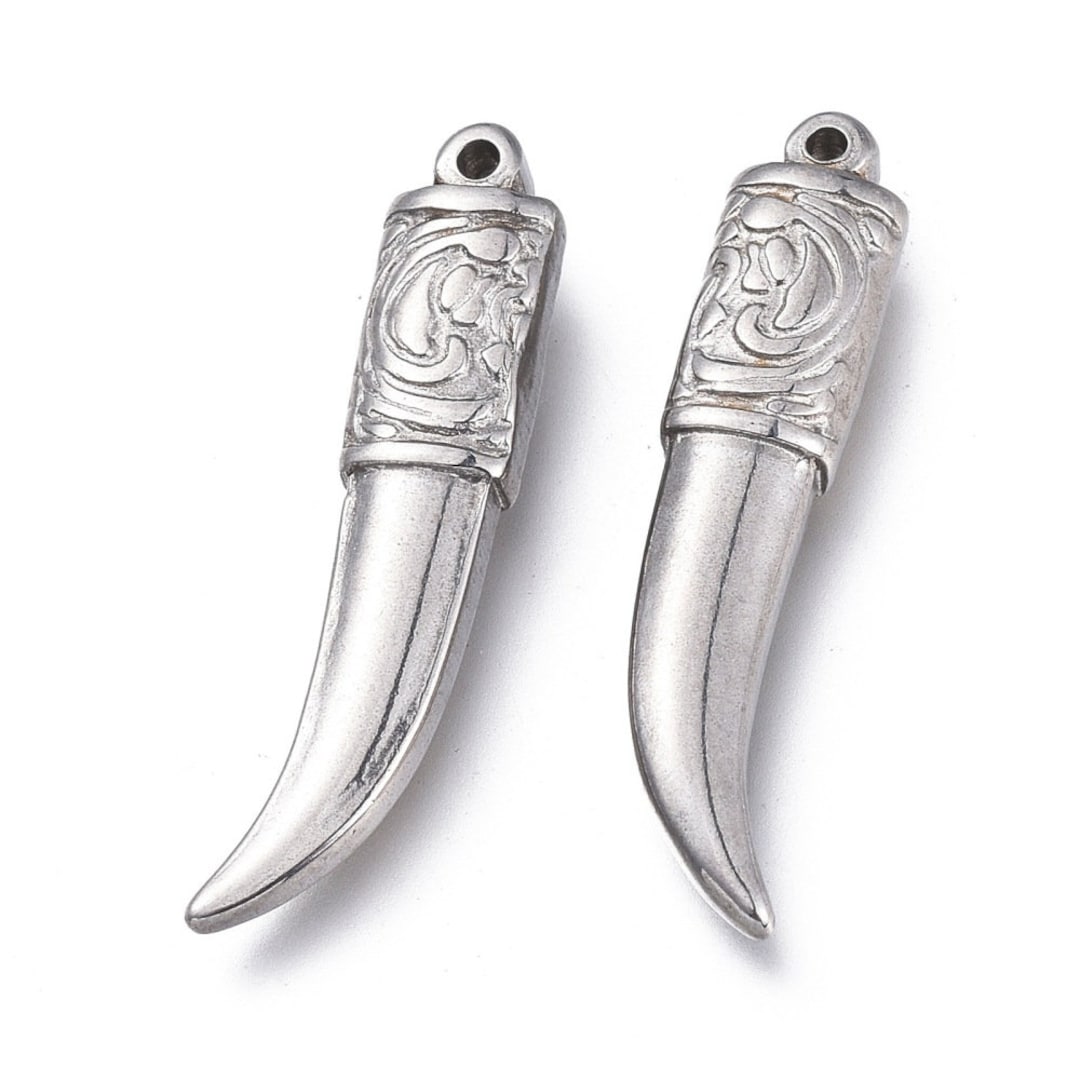 Pendant, Decorated Horn, Tooth, Stainless Steel, Silver - Etsy