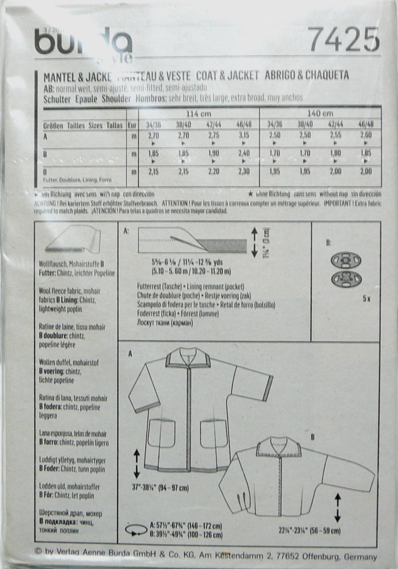 Burda 7425 Style Sewing Pattern, Coat & Jacket, Coat + Jacket ...