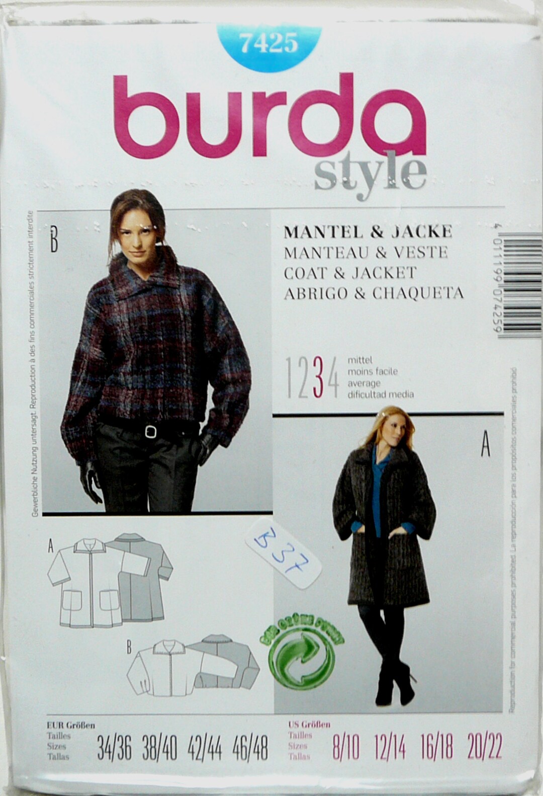 Burda 7425 Style Sewing Pattern, Coat & Jacket, Coat + Jacket ...