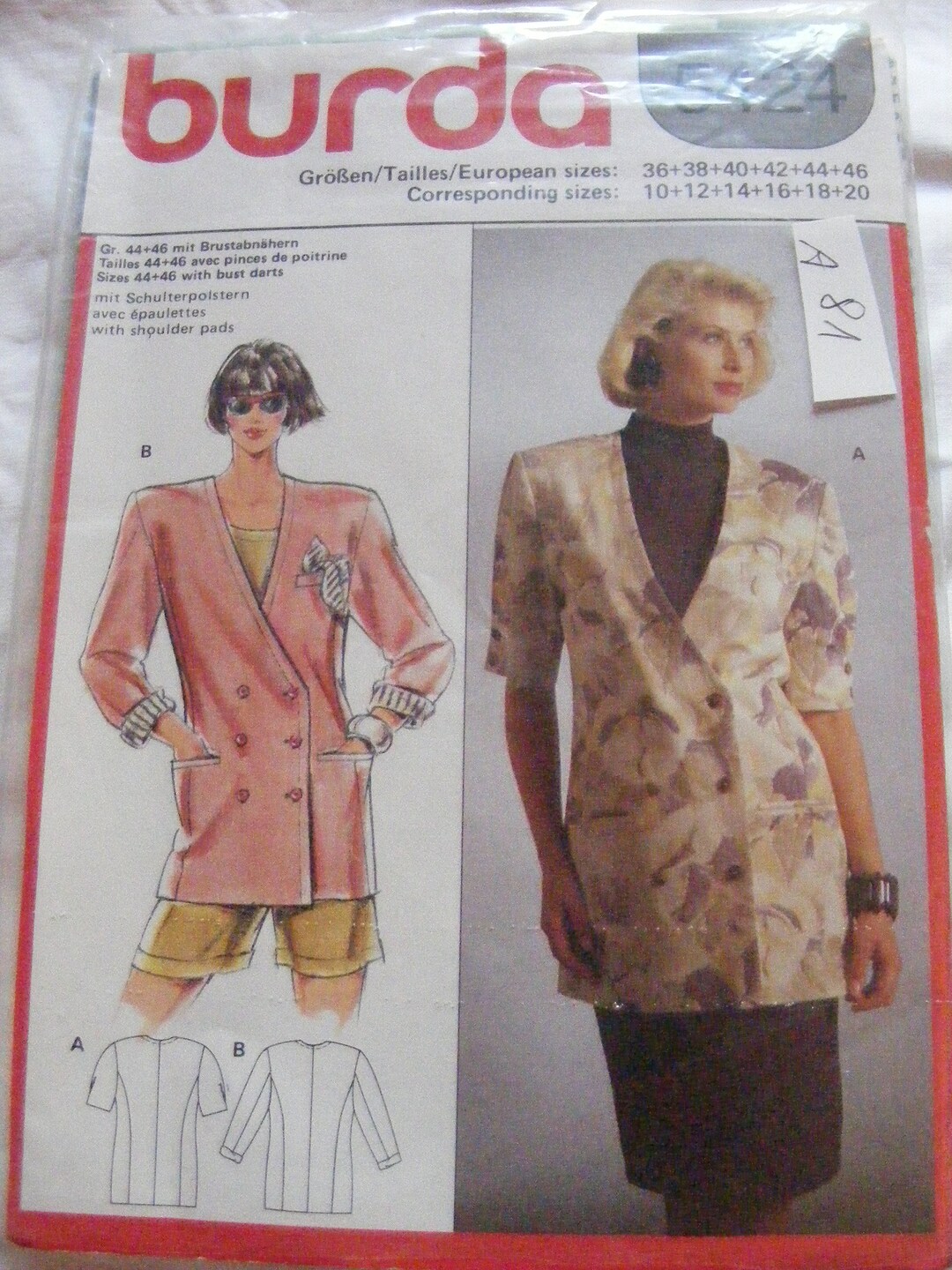 Burda Cut 5424 Jacket Blouse Jacket, Jacket,original, Pattern, Sewing ...