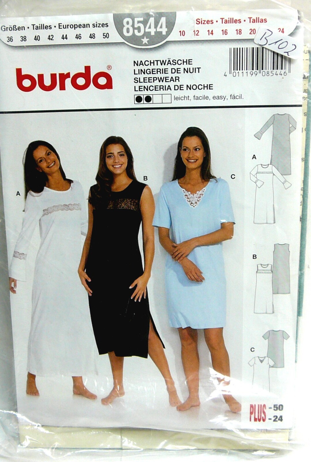 Burda 8544, Pattern Nightwear, Lingerie, Multi-size Cut 36 50, Moresize ...